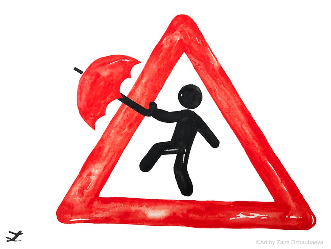 Red Umbrella Warning Sign Original Watercolor Illustration Funny Wall ...