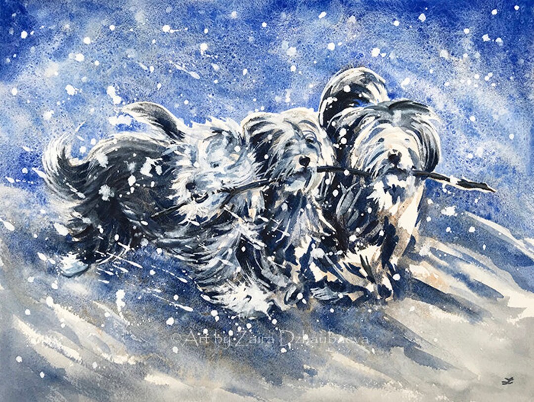 Bobtail Dogs Original Watercolor Painting Old English Sheepdog Herding ...