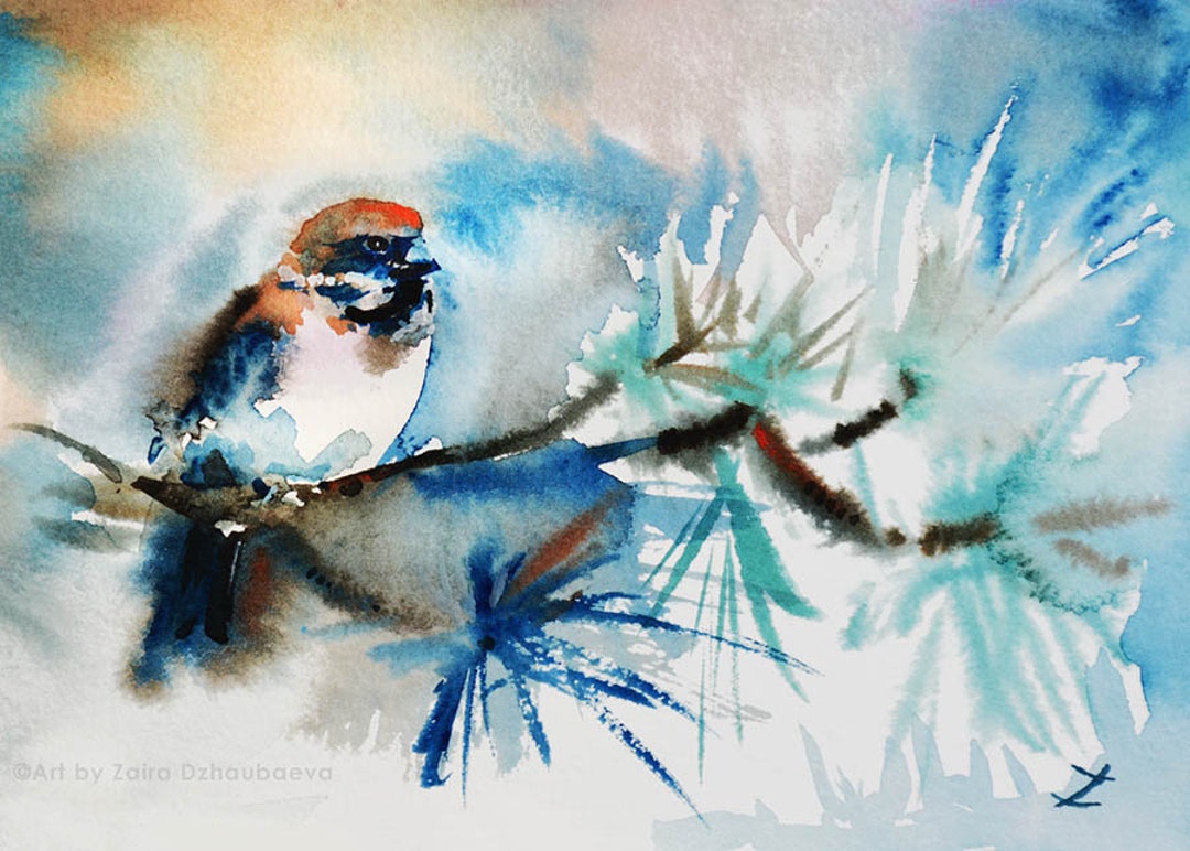 Sparrow on Pine Tree 5 X 7" Art Print Watercolor Sparrow Morning Bird ...