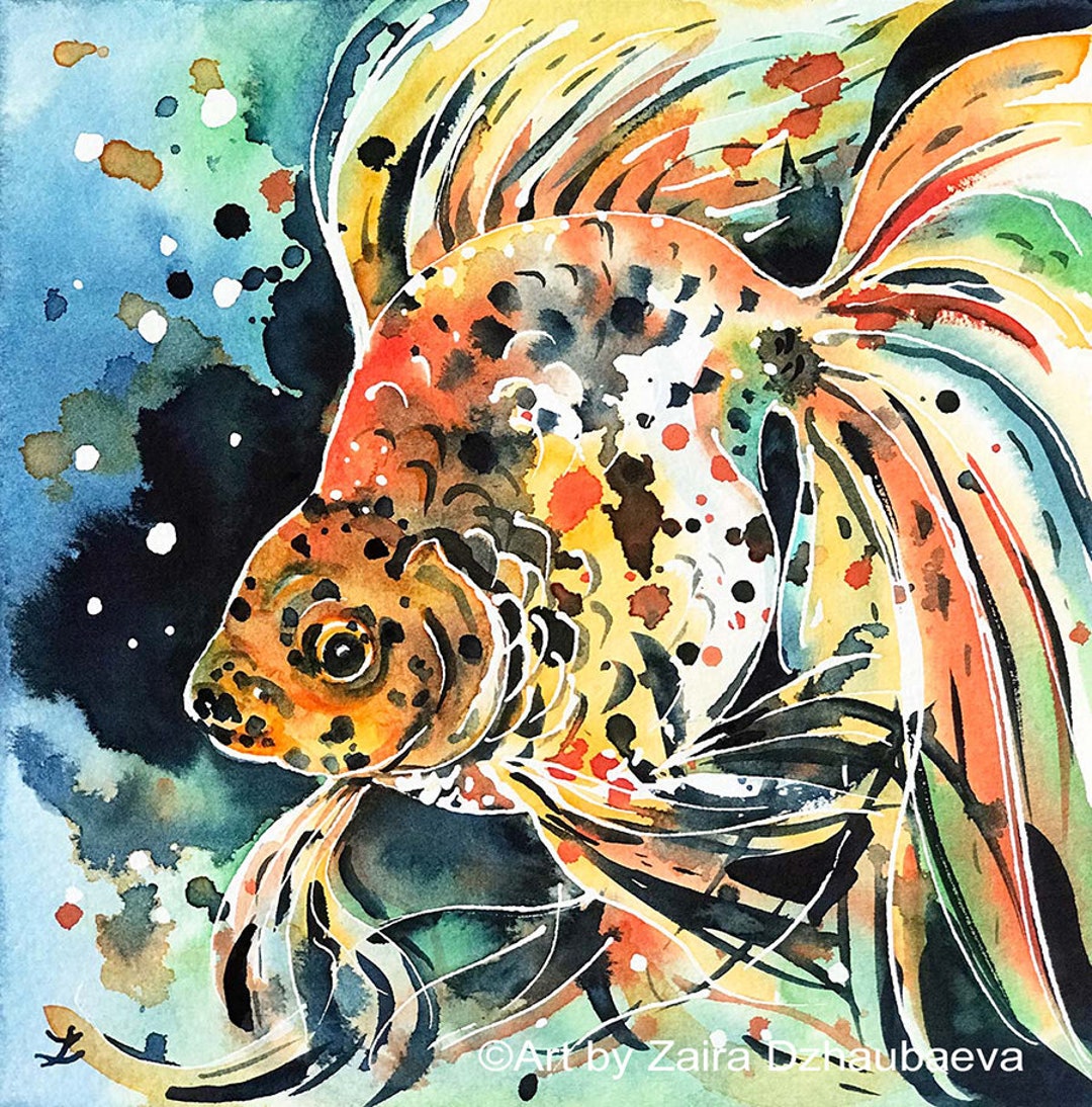 Calico Ryukin Fish Original Watercolor Painting Calico Goldfish Wall ...