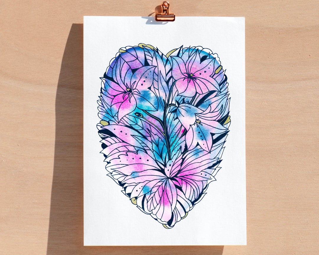 Bellflower Heart Art Print Floral Heart Purple Blue Flowers Botanical ...