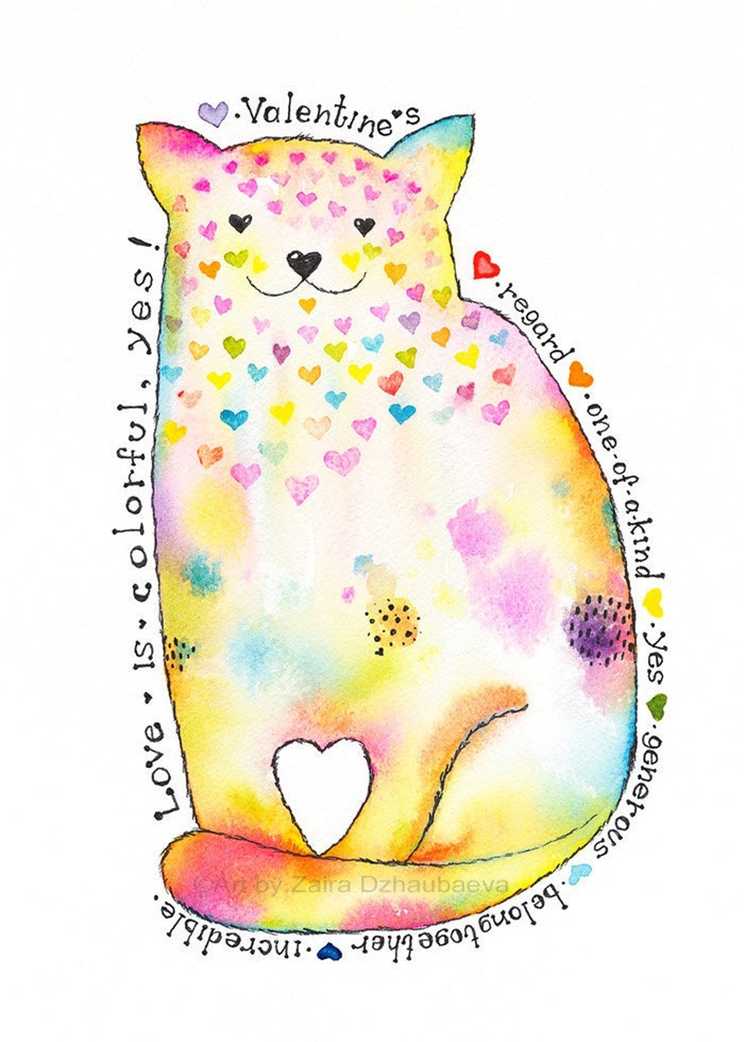 Valentine's Day Cat Wall Art Print Colorful Cat Watercolor Painting ...