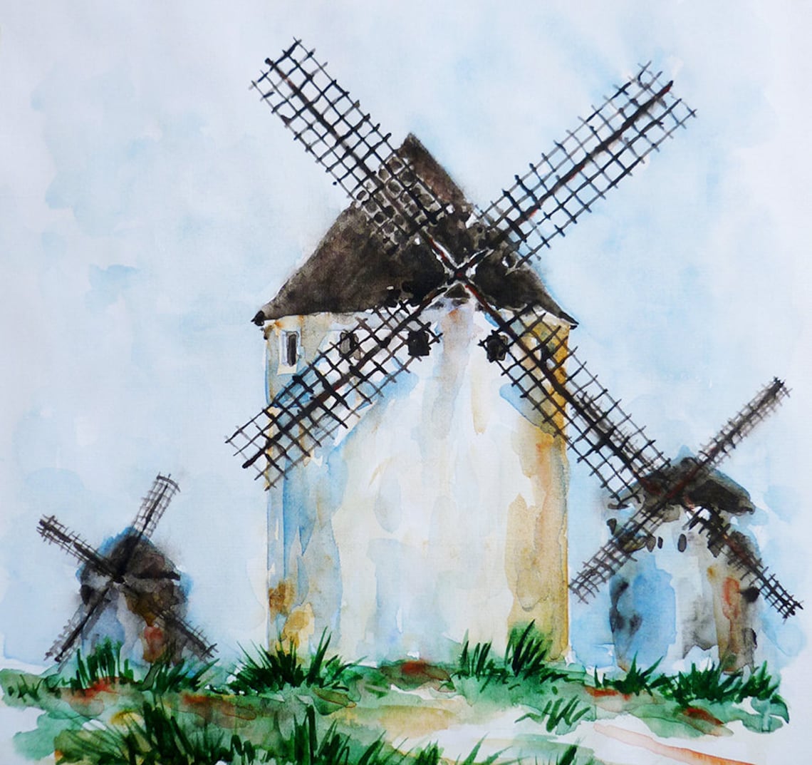 Windmills Painting Original Watercolor Wall Art Landscape With - Etsy