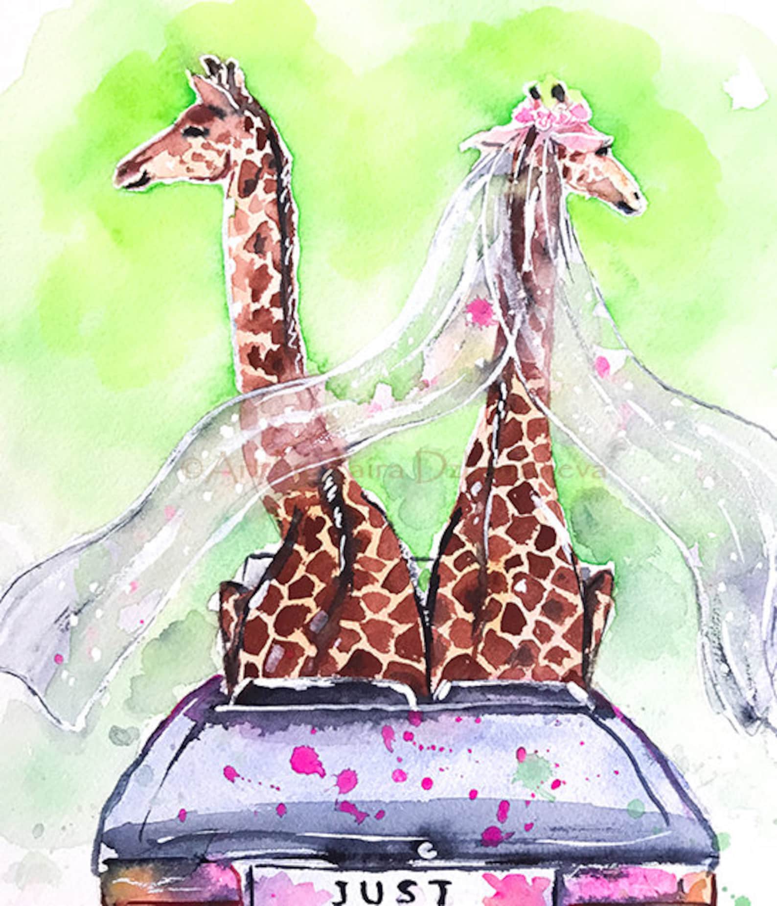 Just Married Giraffes Art Print Colorful Giraffe Wedding Veil Car ...