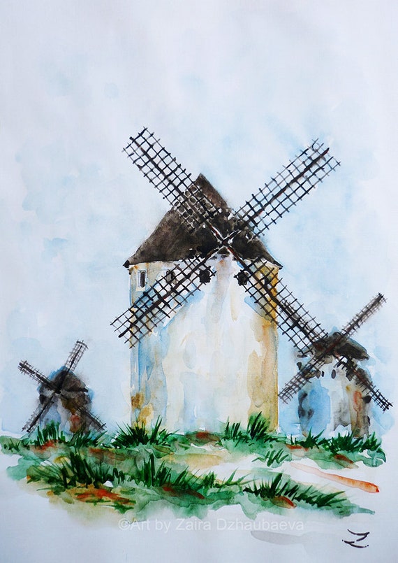 Windmills Painting Original Watercolor Wall Art Landscape With | Etsy