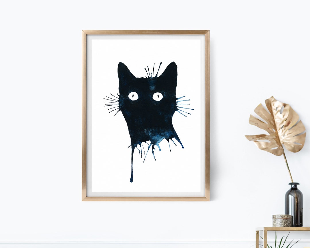 Black Cat Watercolor Splatter Kitten Art Print Cats Feline Portrait Cat ...