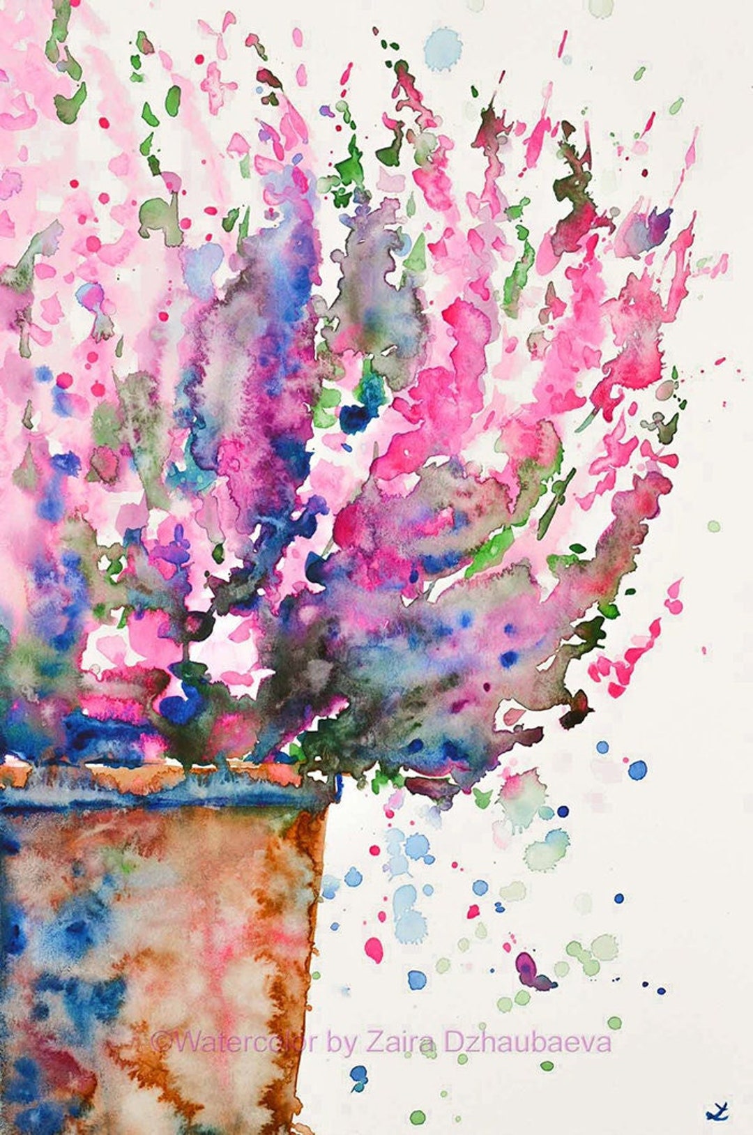 Pink Heather in the Pot Original Watercolor Painting Flowers Floral ...