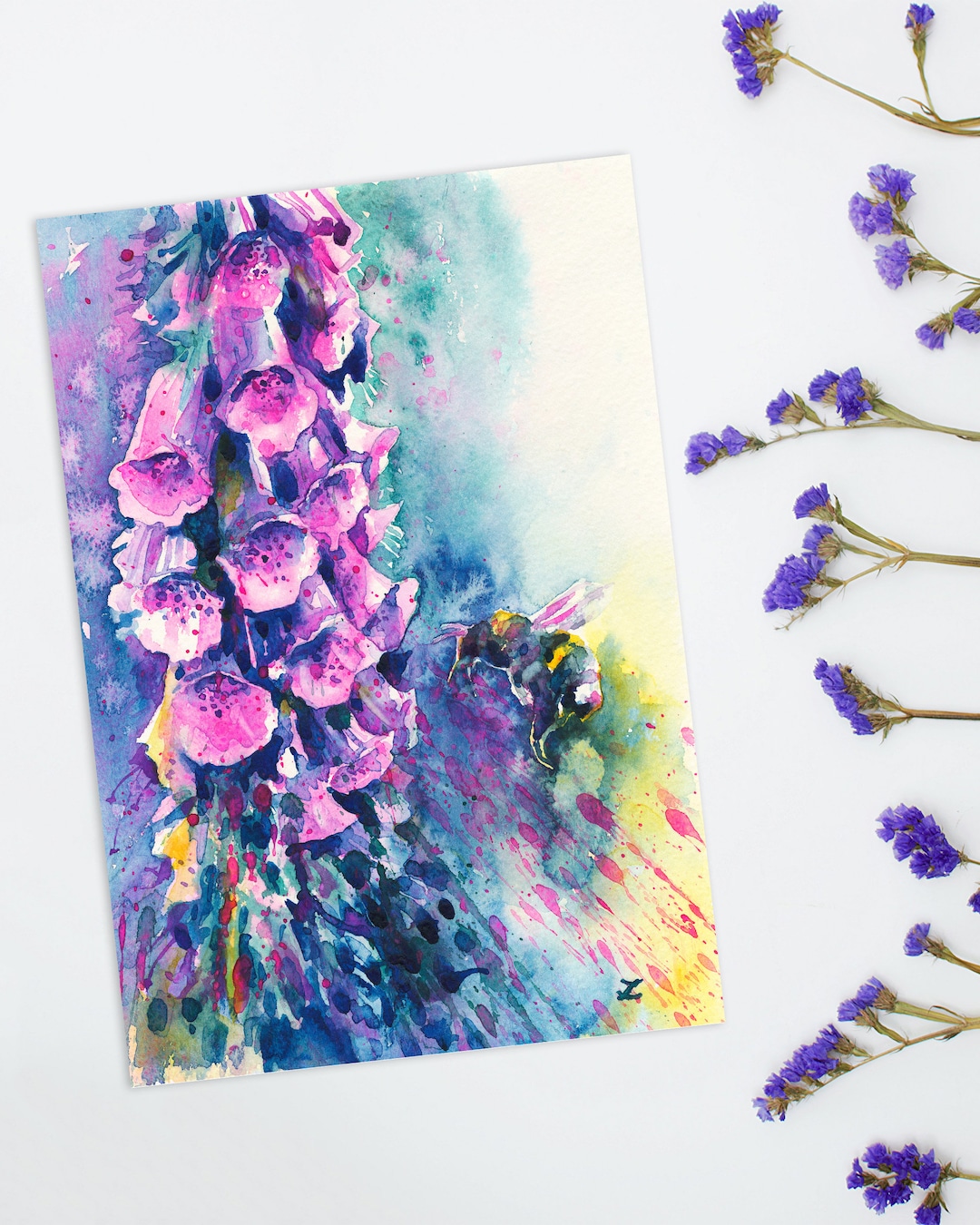 Foxgloves and Bumblebee Original Watercolor Painting Floral Wall Art ...