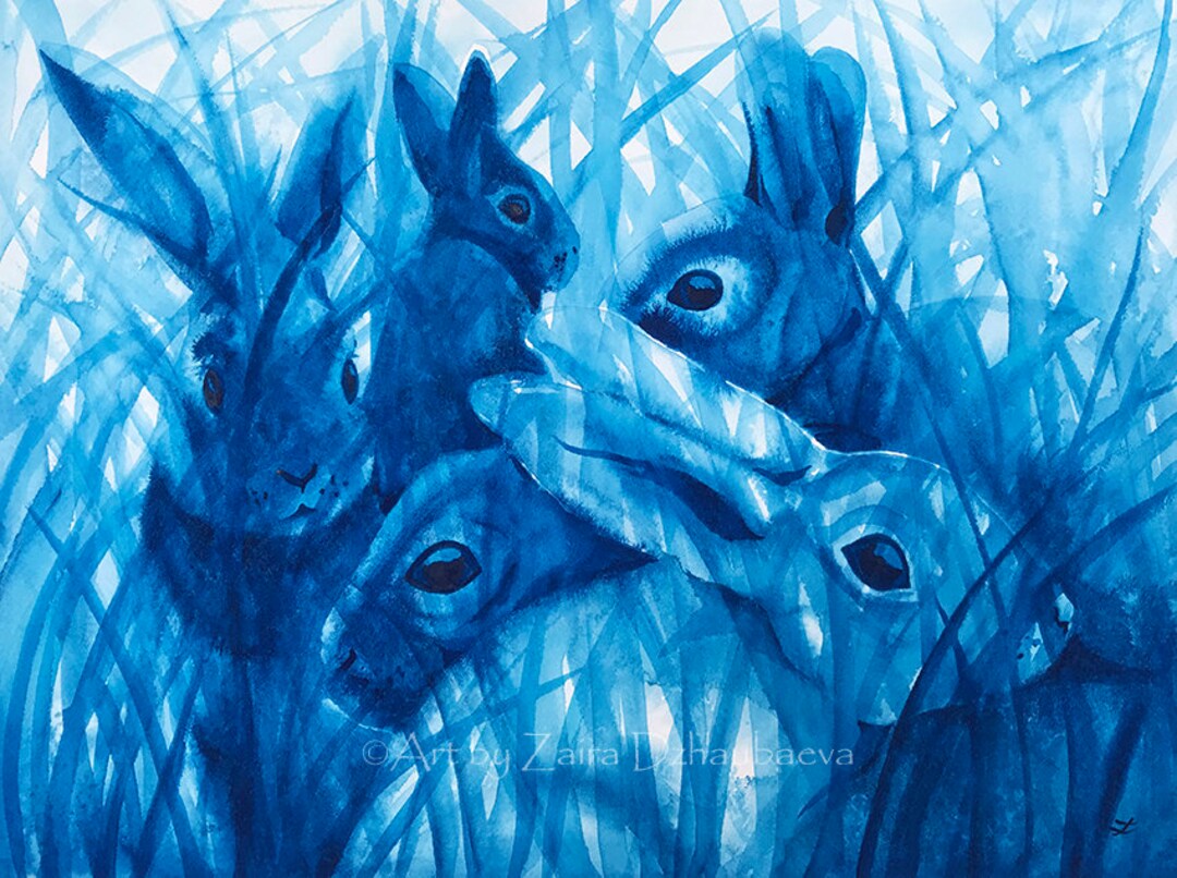 Rabbits In Tall Grass Wall Art Print 85 X 11 Watercolor Bunnies Blue Rabbits Watercolor
