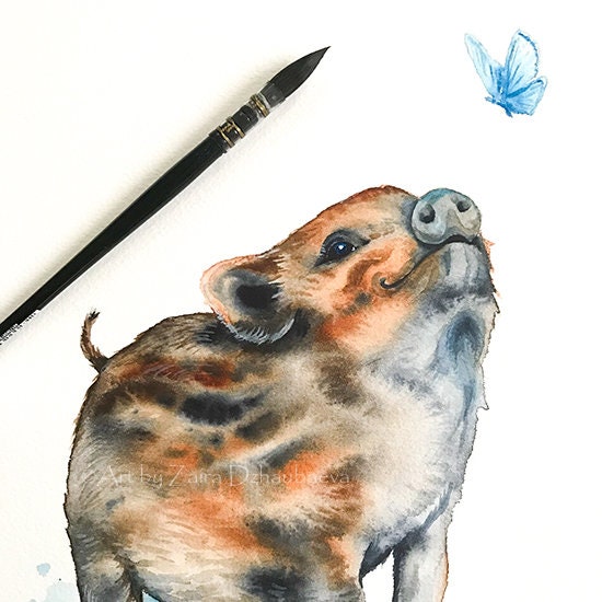 Wild Boar Piglet and Butterfly Art Print Cute Brown Pig Nursery Kids ...