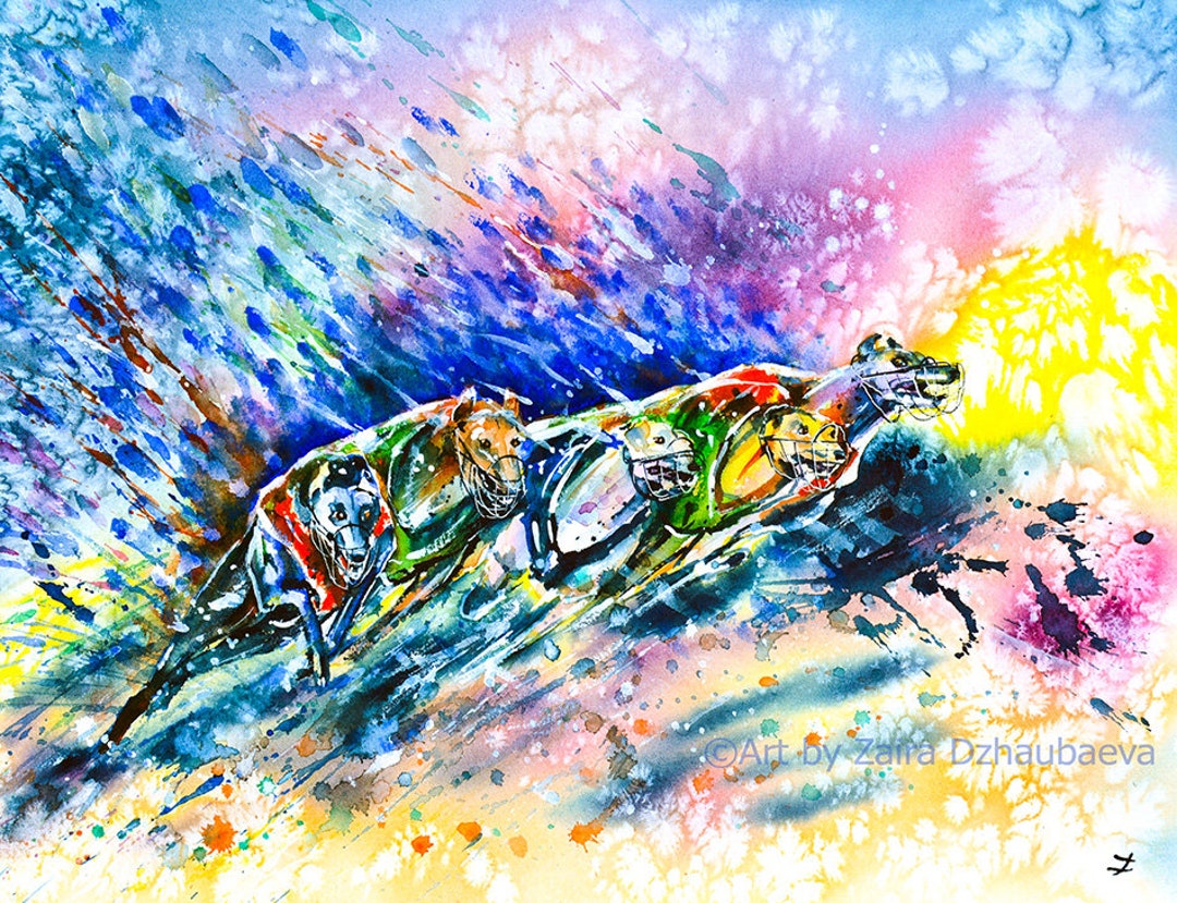 Racing Greyhounds 11 X 8.5" Wall Art Print Colorful Greyhound Dogs ...