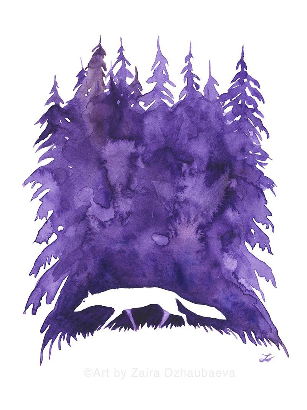 White Fox Print Woods Forest Pines Wall Art Purple Monochromatic Pine ...