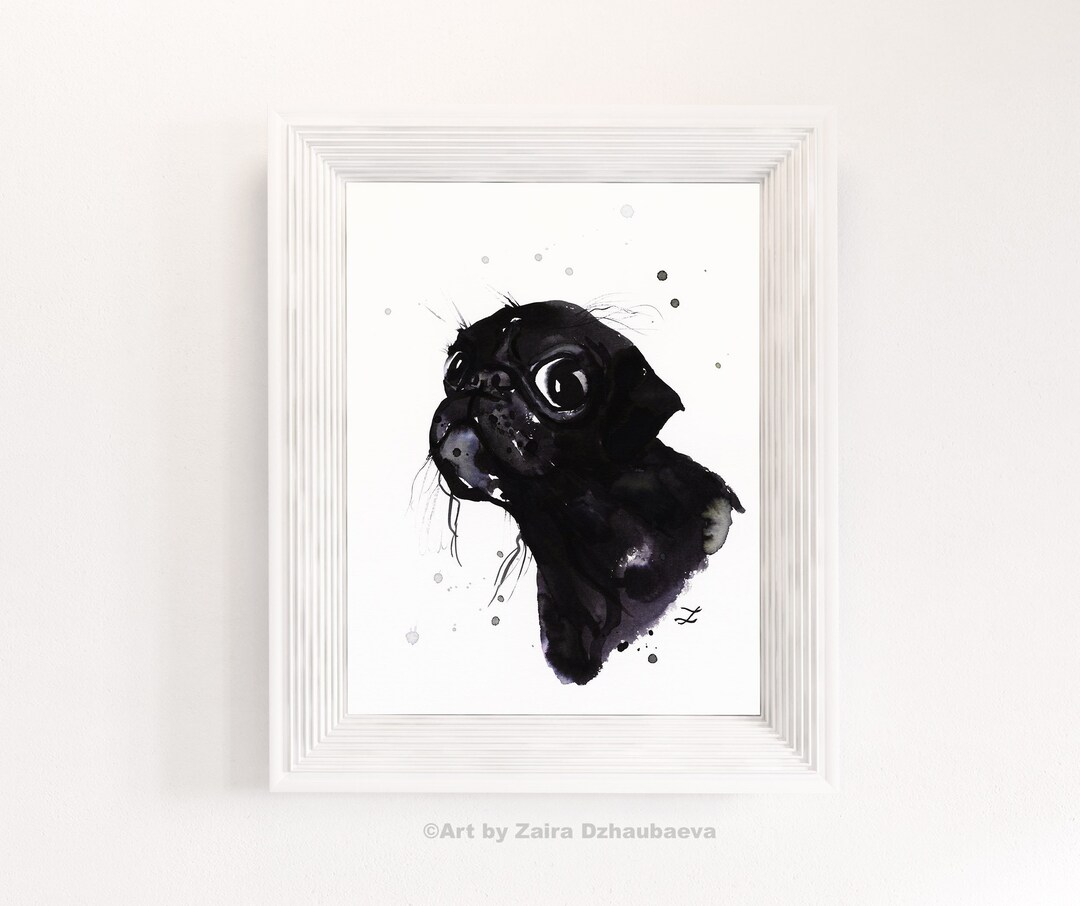Cute Black Pug Portrait Wall Art Print Ink Drawing Pugs Pug Mom Pug Dad ...