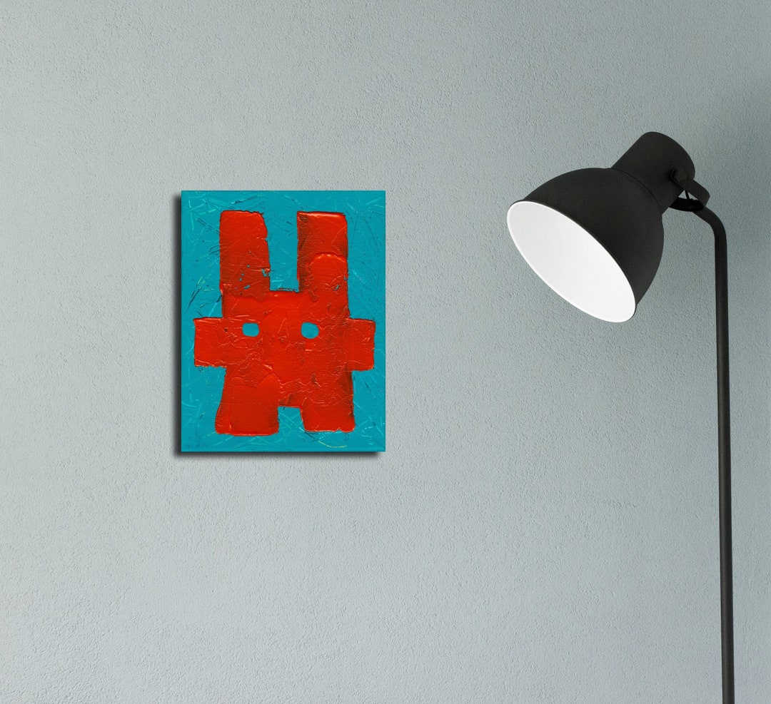 Abstract Red Teal Rabbit Original Painting on Canvas Lucky Bunny ...