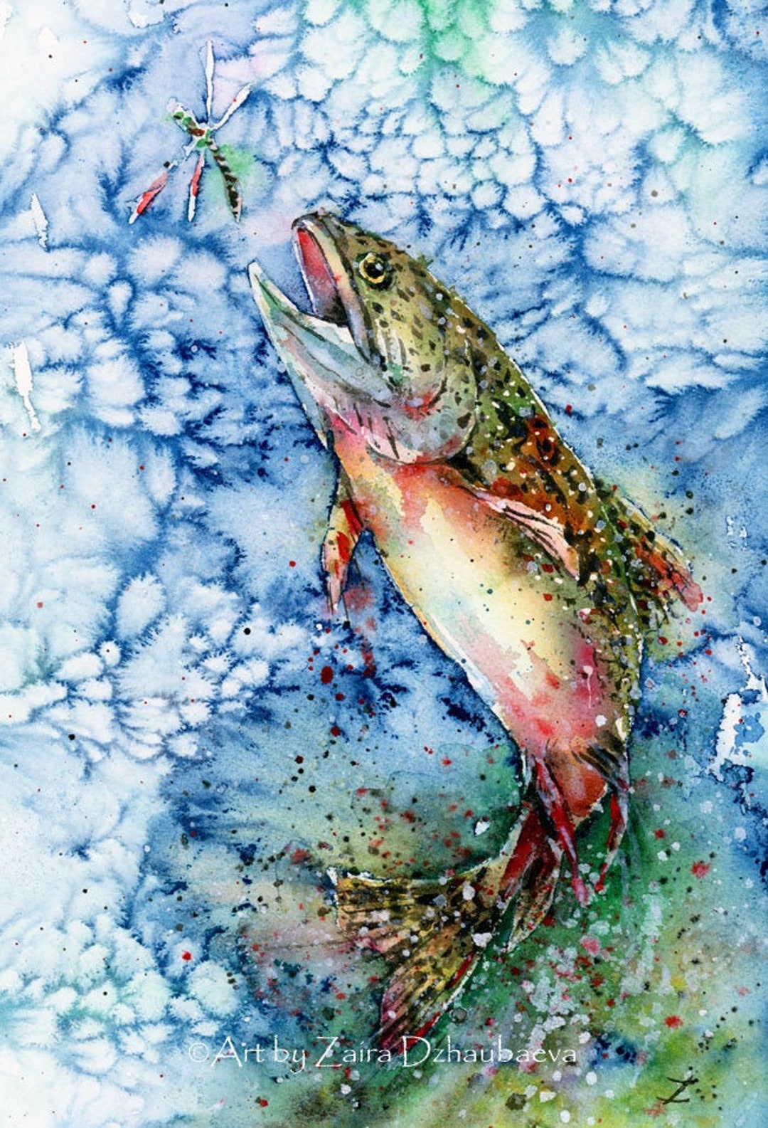 Brown Trout Hunting for Dragonfly Art Print Jumping Fish River Splash ...