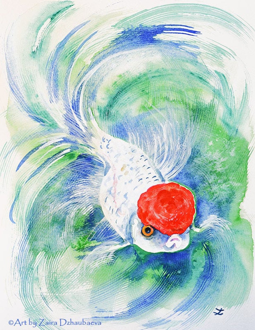 Oranda Goldfish Original Watercolor Painting Hood Head Fish Goldfish ...