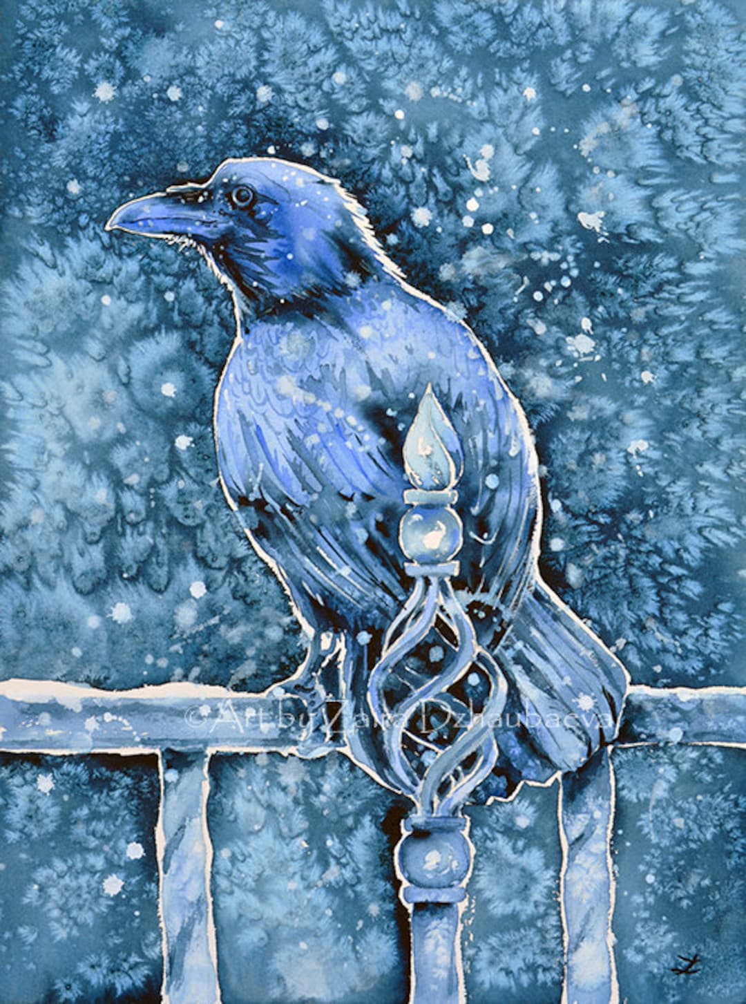Raven Art Print Birds of Prey Blue Bird Railing Crow Winter Gothic ...