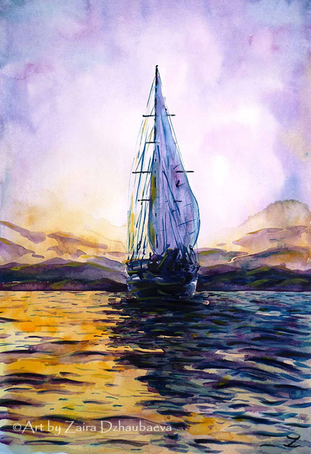 Sunset Sailboat Art Print Sailboats Watercolor Seascape Painting Marine ...