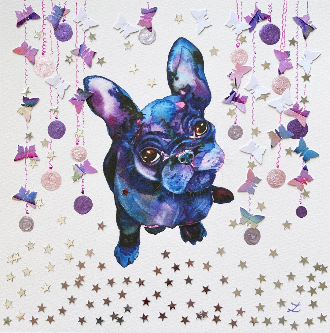 Festive French Bulldog Hand Finished Art Print With Collage Butterflies ...