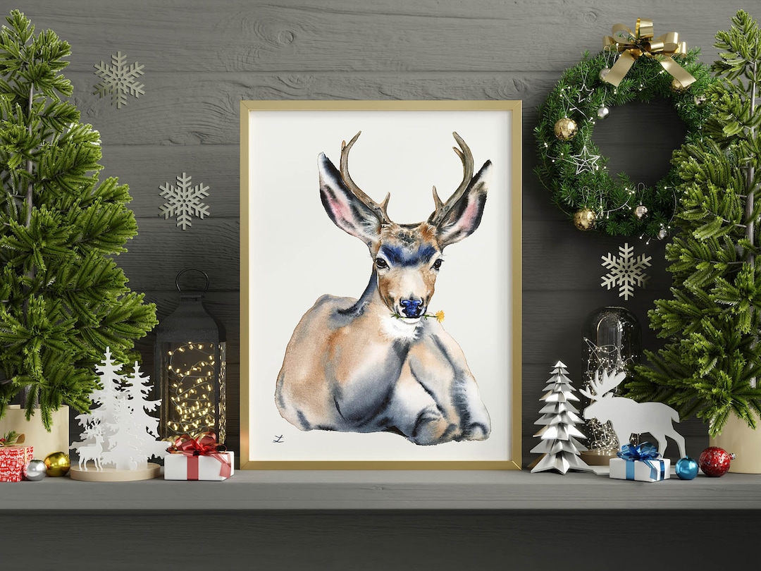 Mule Deer Buck Art Print Watercolor Deer Stag Antlers Flower Wildlife ...
