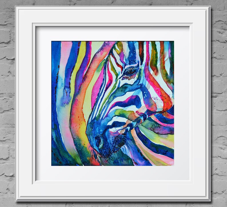 Colorful Rainbow Zebra Original Watercolor Painting Stripes Zebras Bold ...