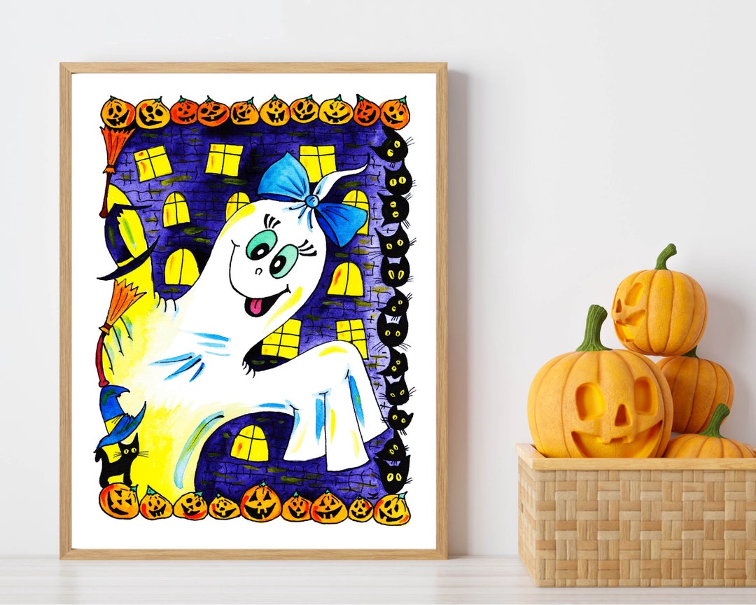 Halloween Girl Ghost Art Print Cute Bow Colorful Illustration Spooky ...