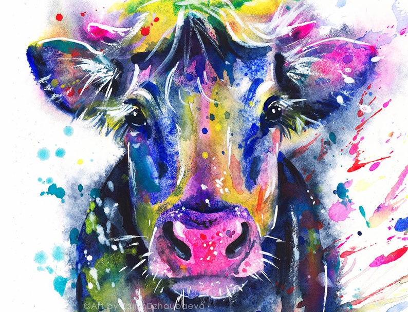 Fancy Cow Colorful Splatter Cow Wall Art Print Cows Watercolor Cow ...