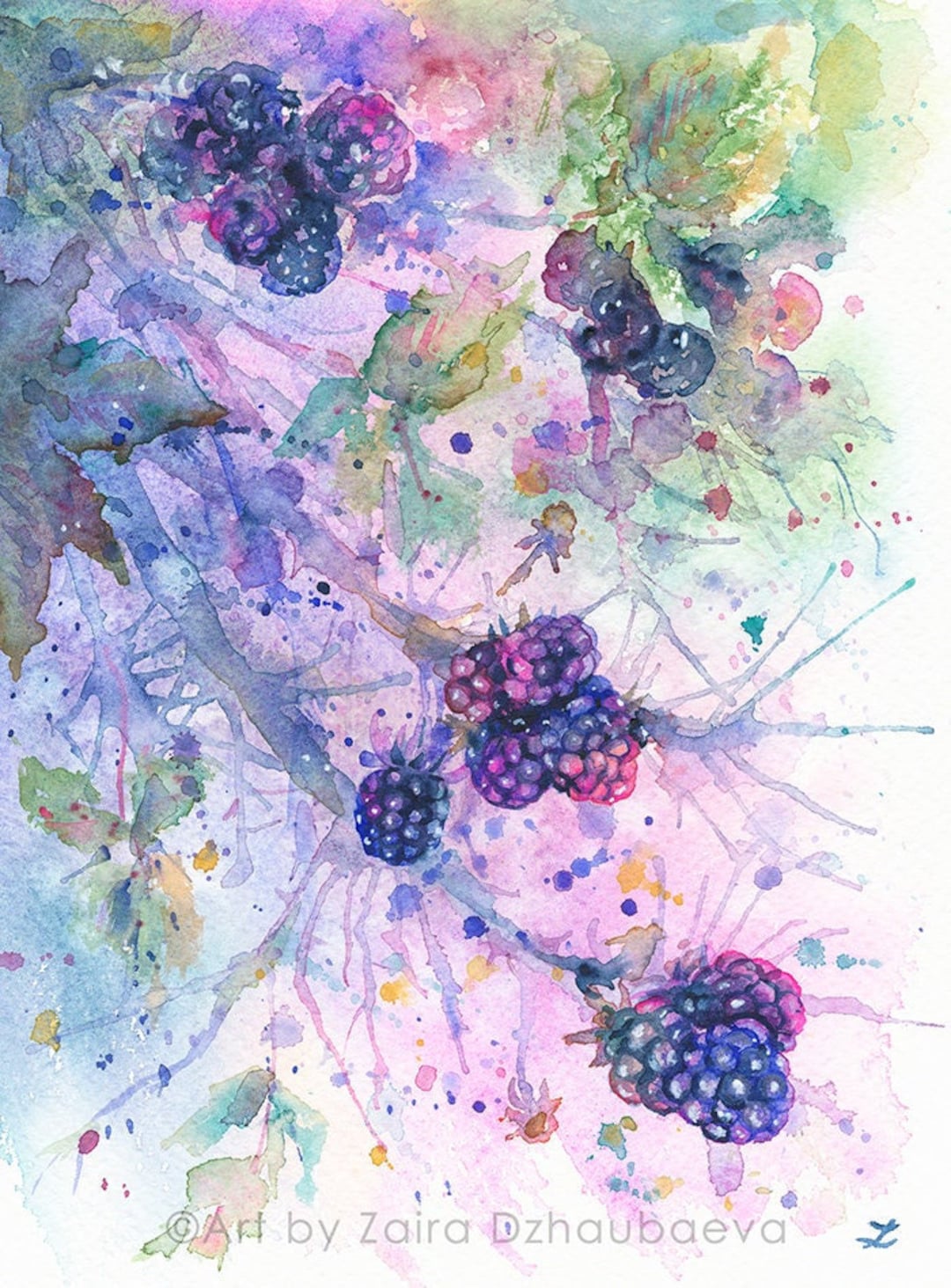 Blackberry Art Print Wild Berries Botanical Watercolor Painting Purple ...