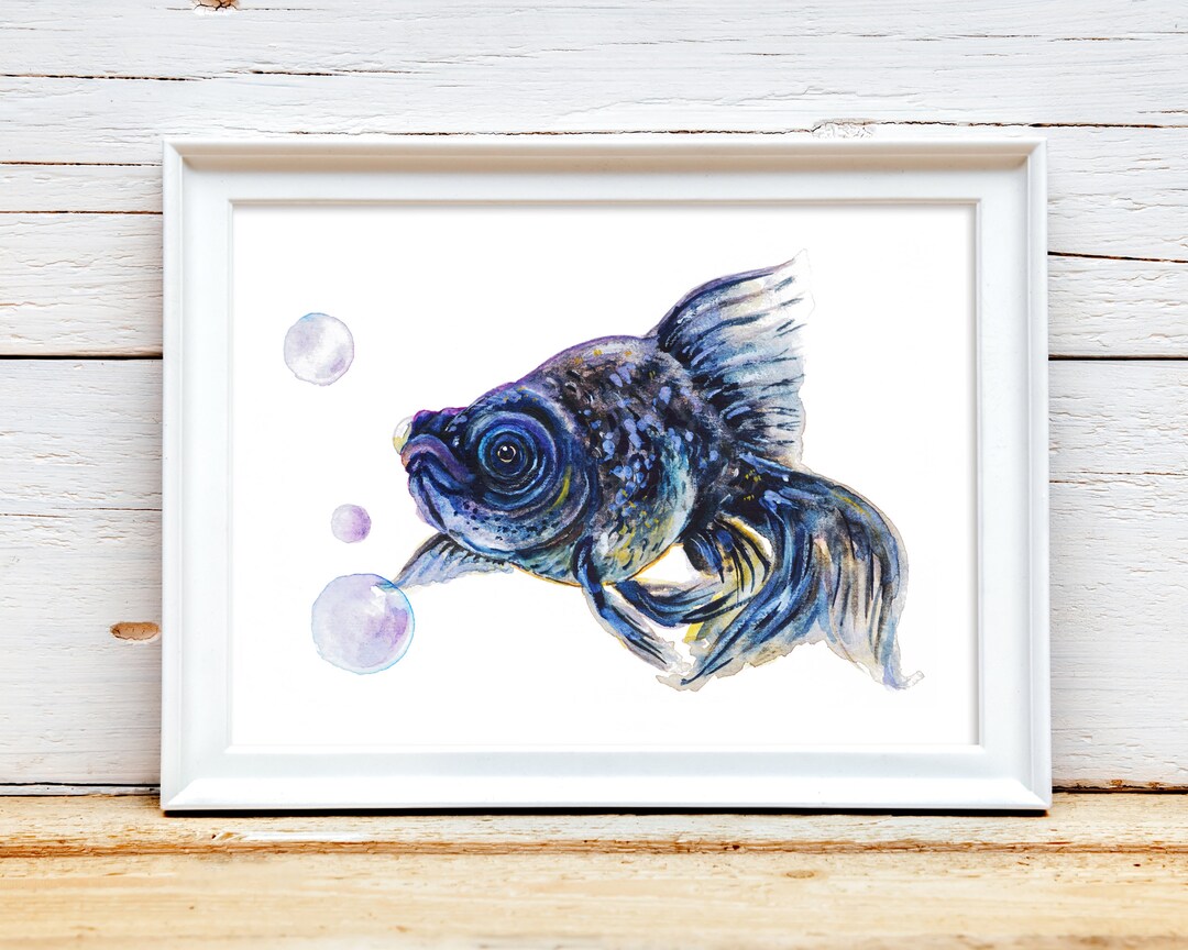Black Moor Telescope Goldfish Art Print Halloween Black Fish Watercolor ...