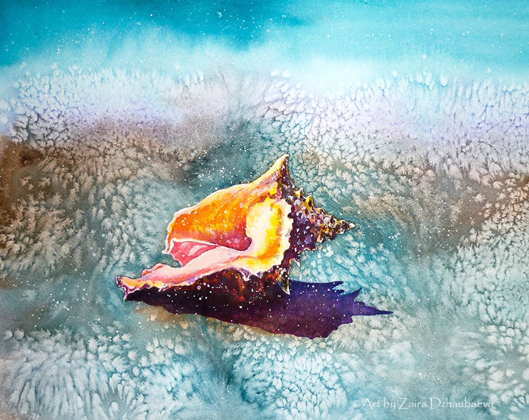 Seashell Art Print Conch Sea Snail Shells Beach Ocean Sand Watercolor ...