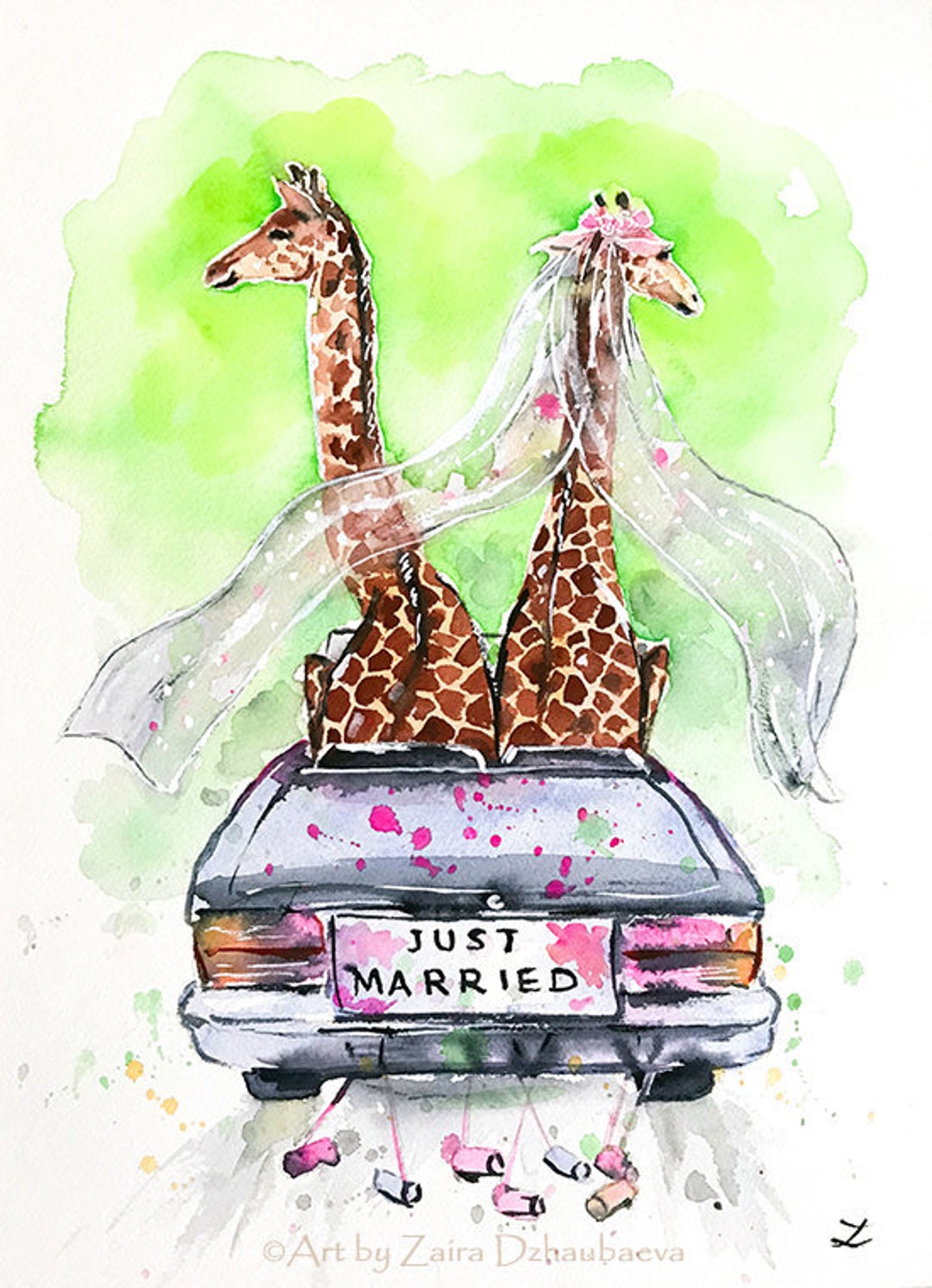 Just Married Giraffes Art Print Colorful Giraffe Wedding Veil Car ...