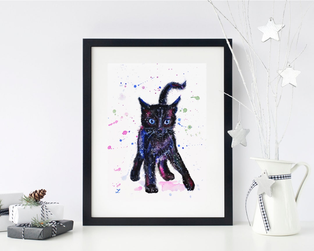 Black Splatter Kitten Art Print Cats Feline Portrait Watercolor Black ...