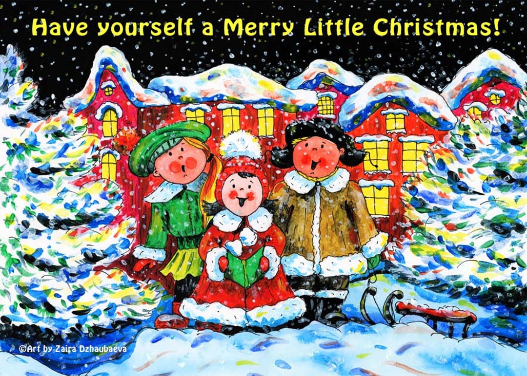 Colorful Christmas Carol Card Children Singing Snow Sleds Winer ...
