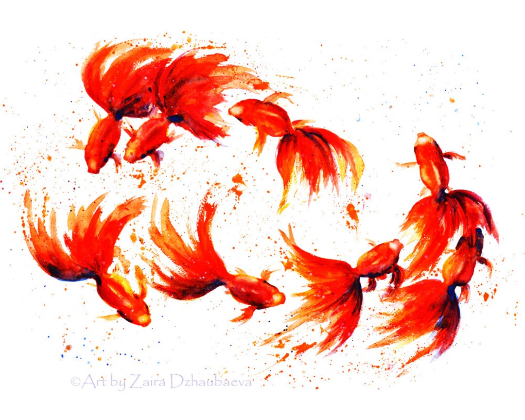 Eight Dancing Goldfish - Fine Art Print - Fish Art, Red Fish, Lucky ...