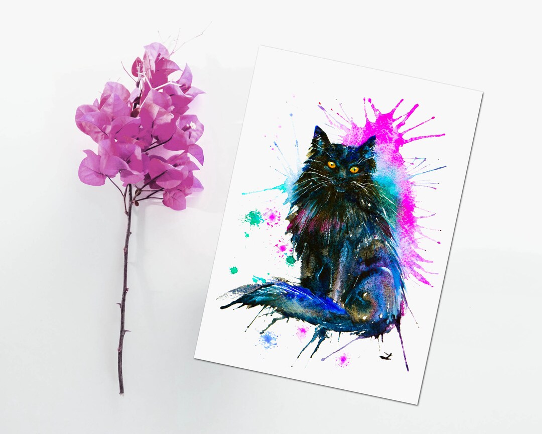 Black Cat Colorful Watercolor Splatter Art Print Cats Feline Portrait ...