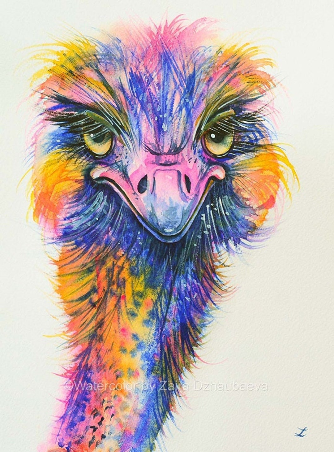 Colorful Rainbow Ostrich Original Watercolor Painting Art Wildlife Bird ...