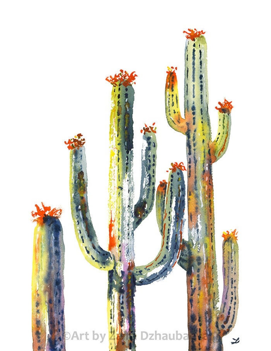 Saguaro Cactuses Art Print Blooming Desert Plants Succulents Sonoran ...