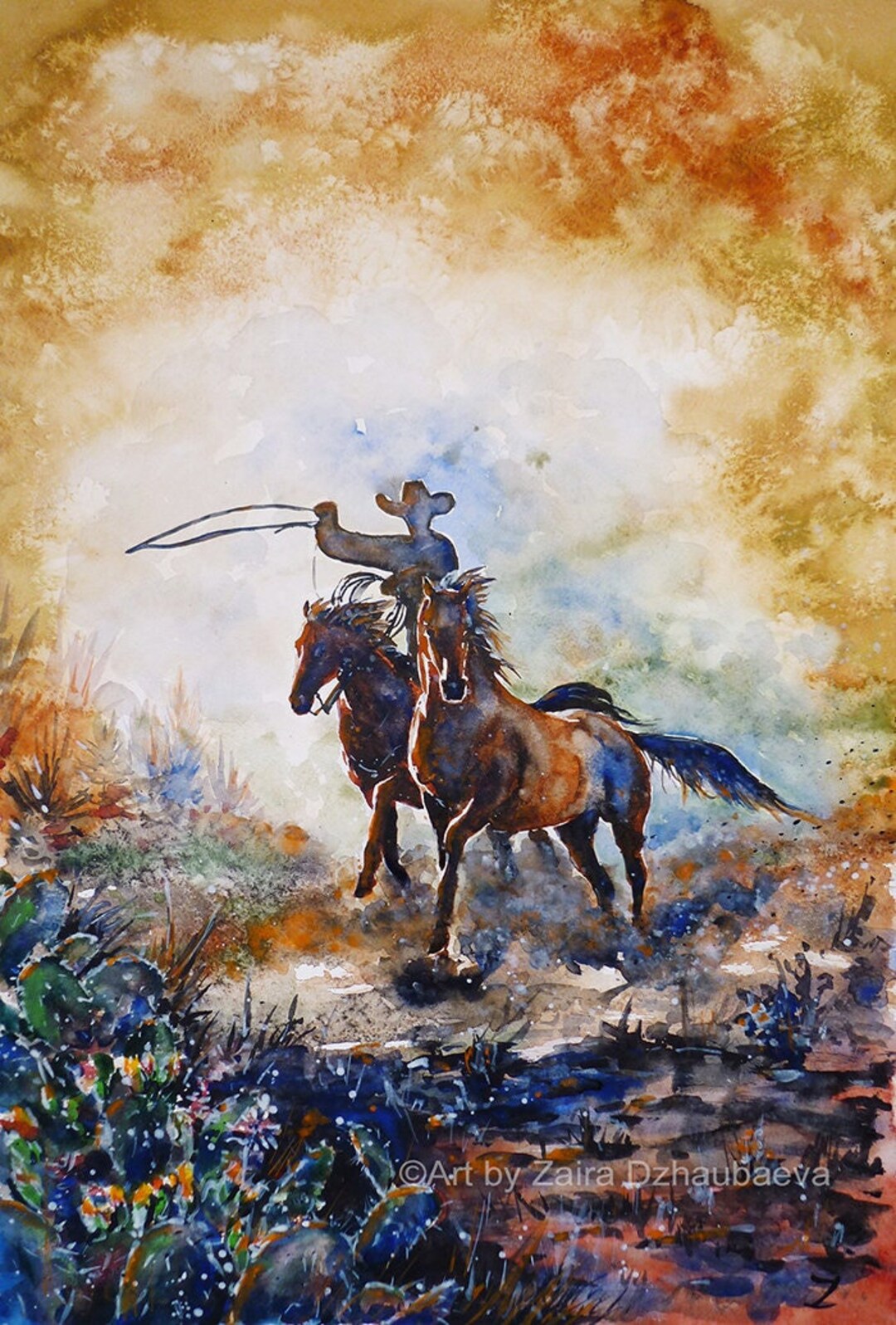 Cowboy and Mustang Original Watercolor Painting Lasso Running Horses ...