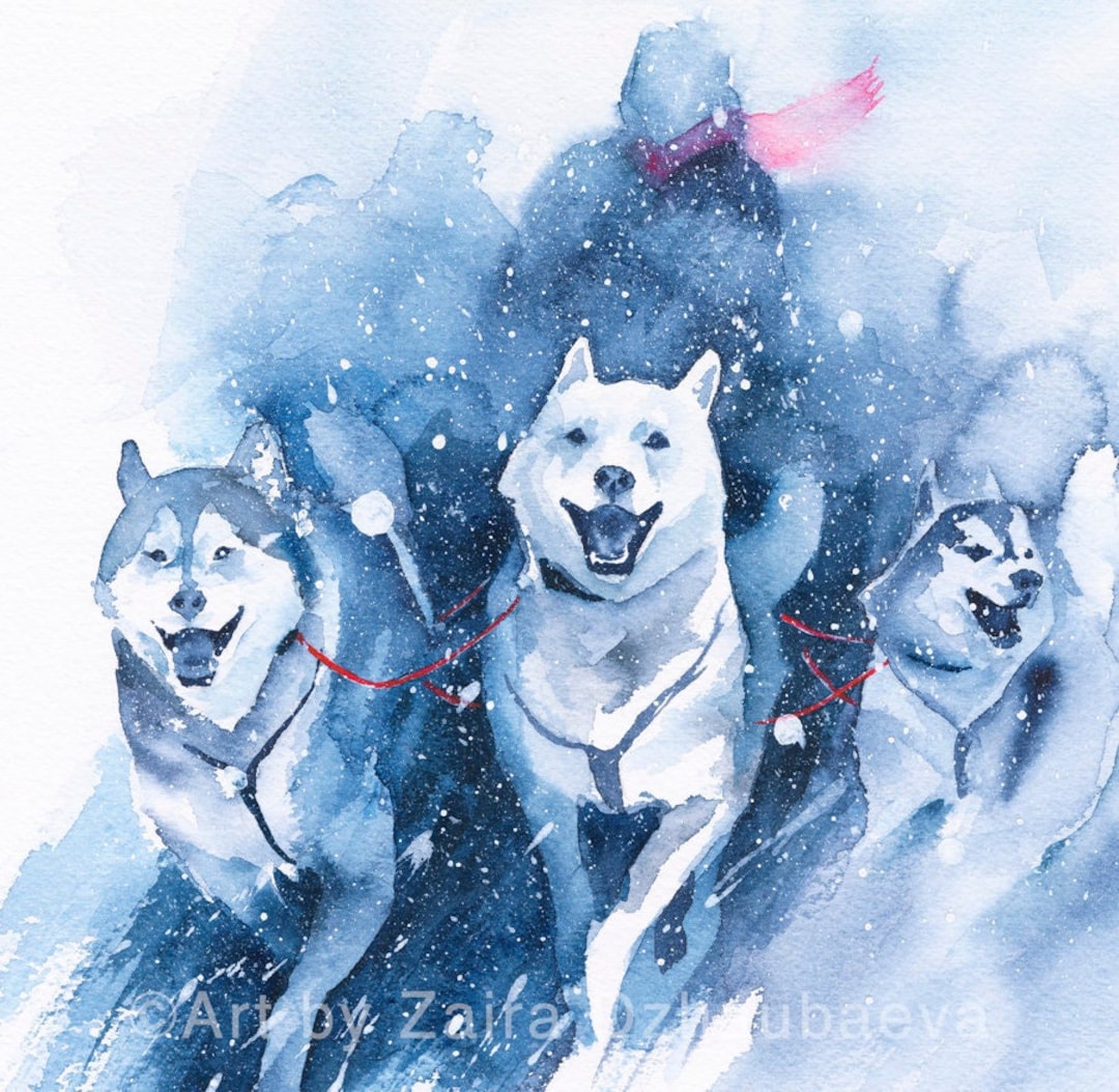 Sled Dogs Original Hand Painted Watercolor Painting Siberian Husky Mush ...