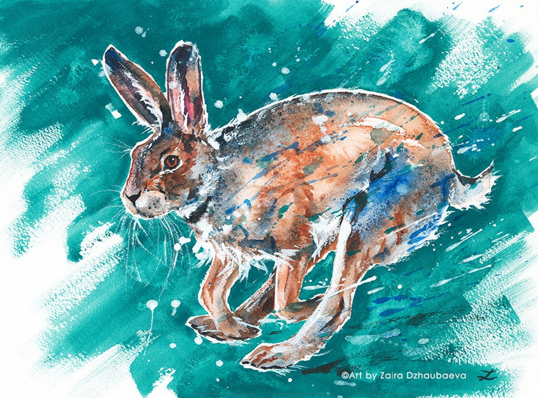 Colorful Running Hare Original Watercolor Painting Rabbit Bunny ...