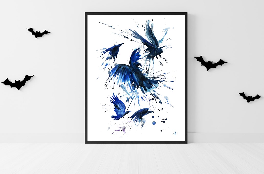 Mob of Crows Art Print Crow Watercolor Painting Halloween Birds Spooky ...