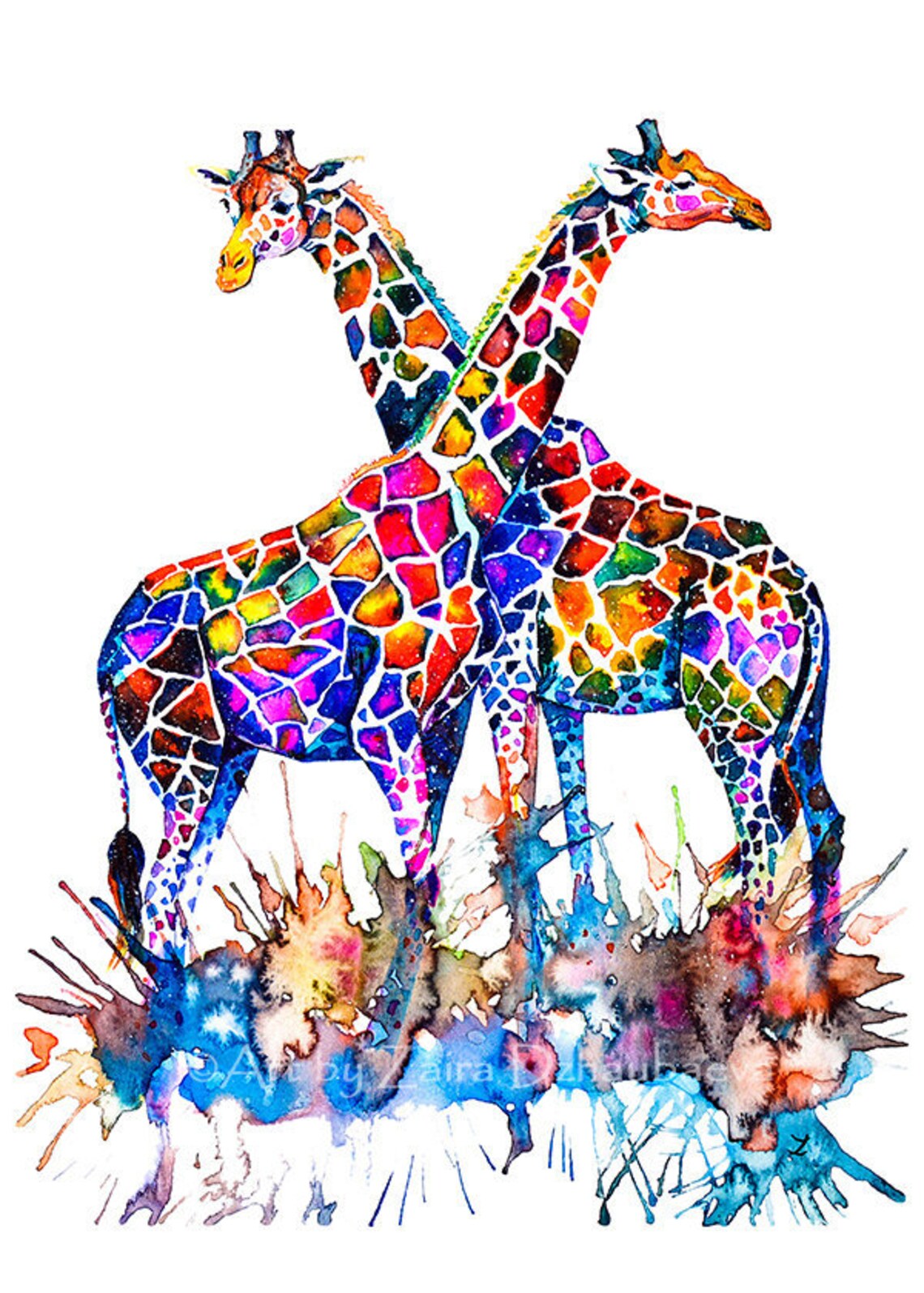 Colorful Rainbow Giraffes Wall Art Print Watercolor Giraffe Wildlife ...