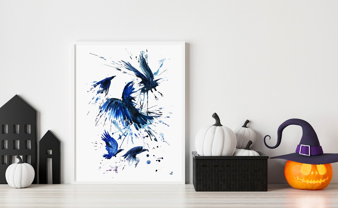 Mob of Crows Art Print Crow Watercolor Painting Halloween Birds Spooky ...