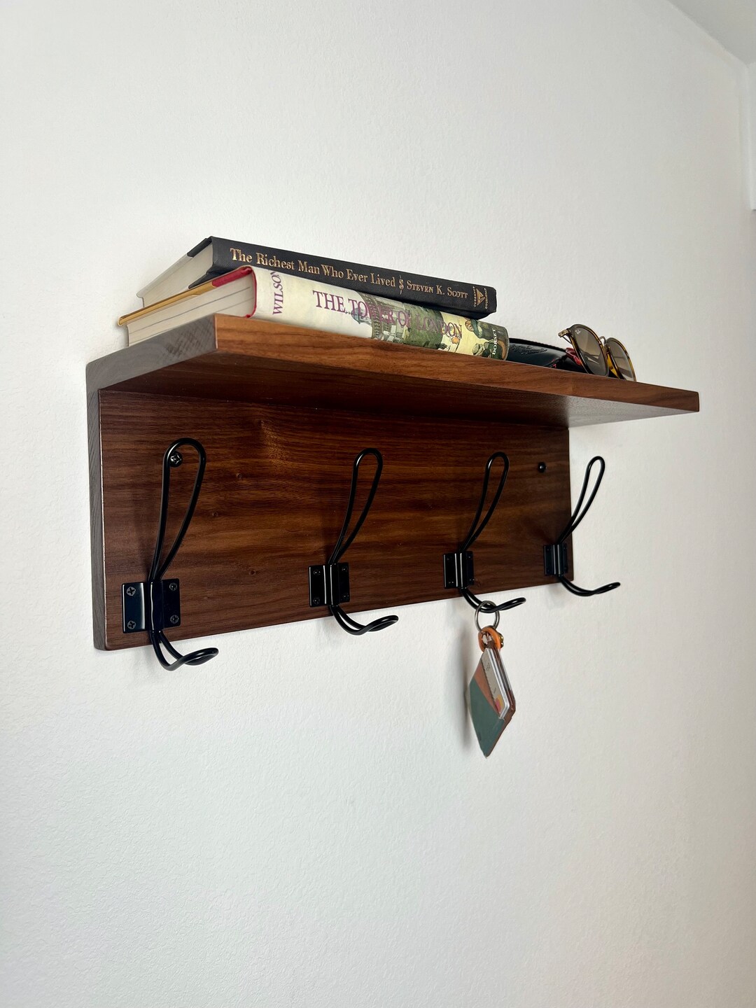 Walnut Wall Mounted Coat Rack With Shelf | Solid Wood | Key Rack With ...
