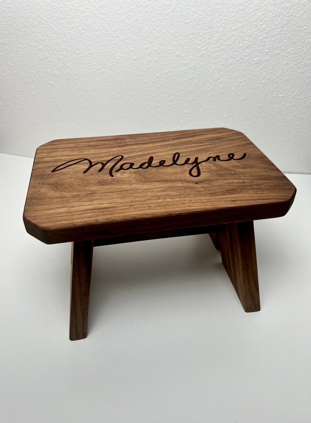 Small Engraved Walnut Wooden Stool | Step Stool | Foot Stool | Plant ...