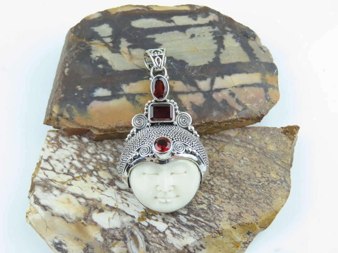 Sterling Silver, Carved Ox Bone, Garnet Gemstone, Bali Goddess ...