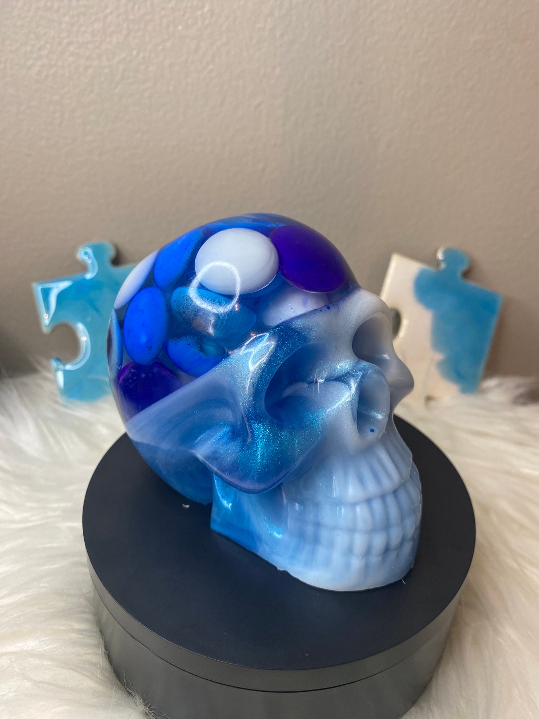 Autism Awareness Resin Skull Blue Skull With Blue Glass Marbles in ...