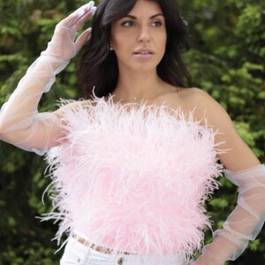 Beautiful Pale Pink Feather Tube Top Pink Crop Top Bridesmaid Feather ...