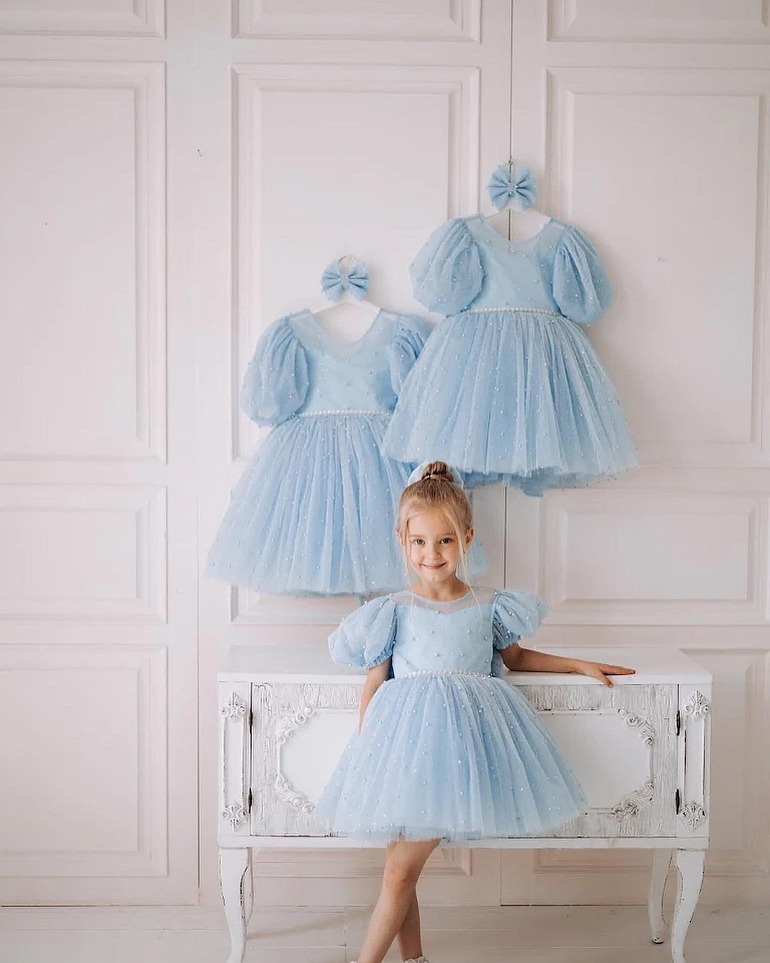 Blue Girl Tulle Dress With Pearls Baby Blue Dress First Birthday Outfit Blue Girl Dress ...