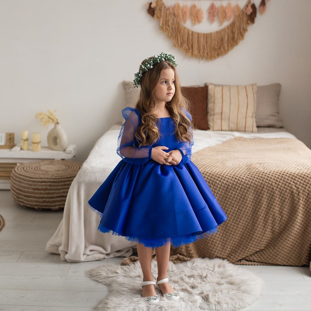 Navy Blue Flower Girl Dress, Blue Satin Girl Dress, First Birthday ...